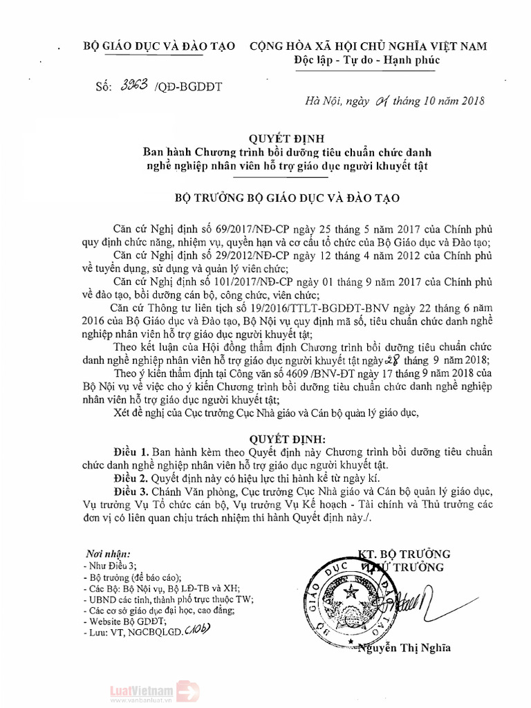 Quyet Dinh 3963 QD BGDDT 2018 Boi Duong Nhan Vien Ho Tro Giao Duc Nguoi Khuyet Tat | PDF