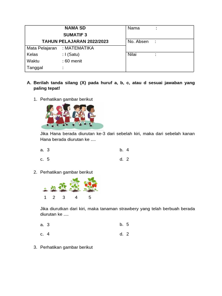 Soal Matematika Kelas 1 SD 2023 | PDF