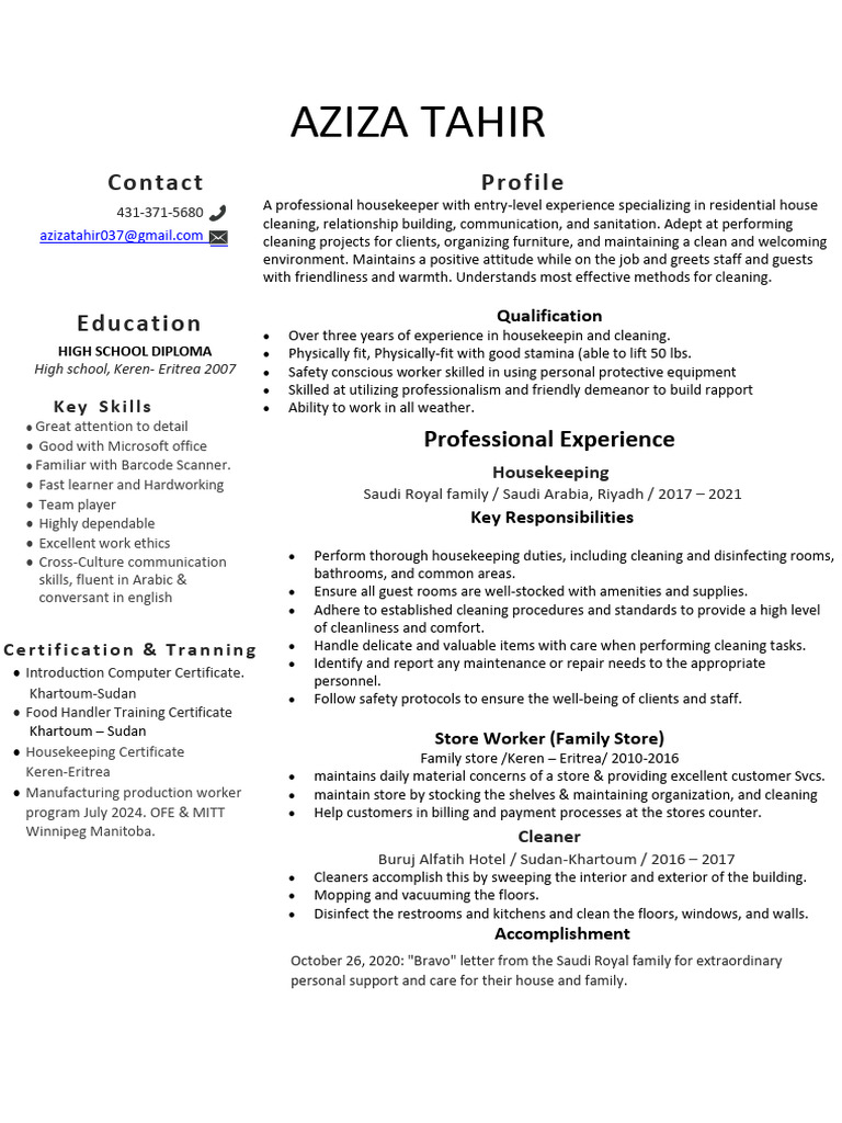 Aziza Ahmed (Resume) PDF Format3 | PDF | Housekeeping