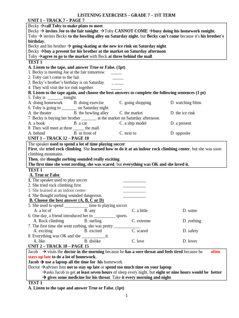Grade 7 Listening Exercises Guide | PDF | Homework