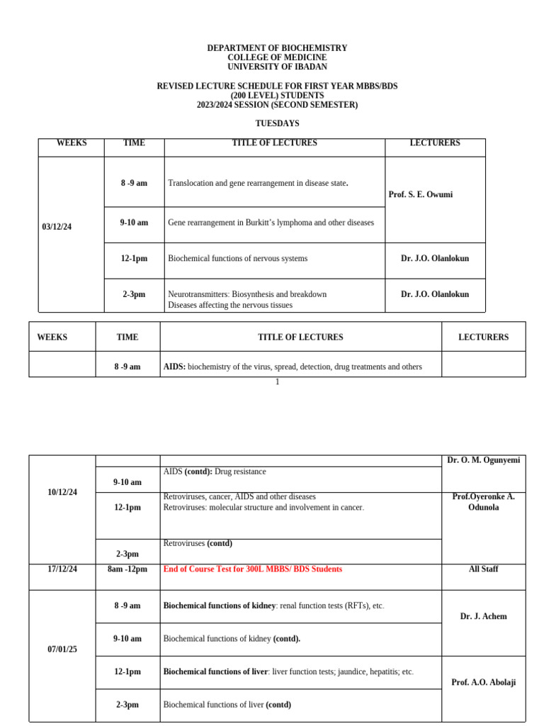 2nd Semester Schedule of Lectures MBBS & BDS Corrected 2 | PDF | Enzyme ...