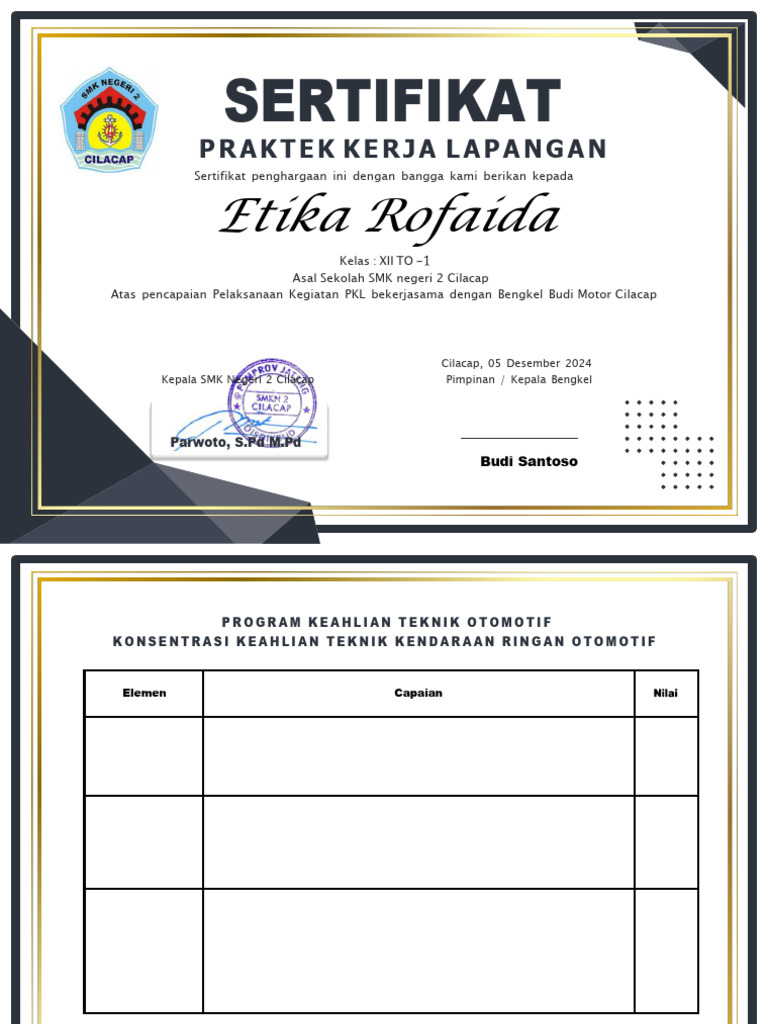 Sertifikat Dan Nilai PKL_Etika Rofaida_XII to 1 | PDF