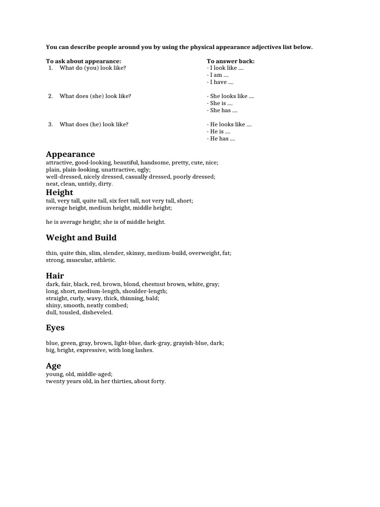 Describing Physical Appearance Adjectives | PDF | Human Appearance | Hair
