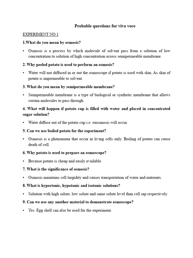 Probable Questions For Viva Voce | PDF | Osmosis