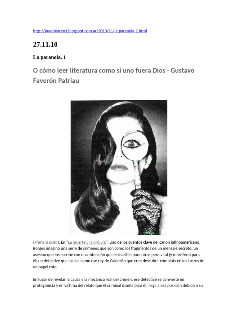 La Paranoia 1, o Cómo Leer Literatura Como Si Uno Fuera Dios | PDF | Verdad | Fe