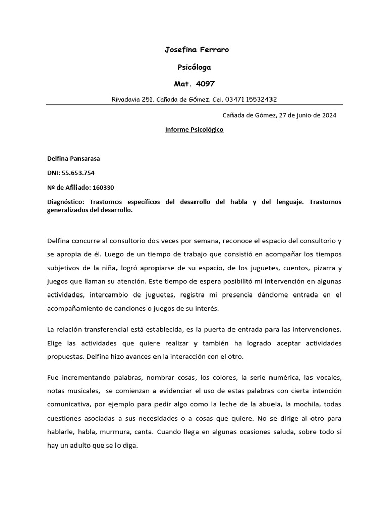 Informe Psicológico: Avances de Delfina | PDF | Sicología | Ciencias del comportamiento