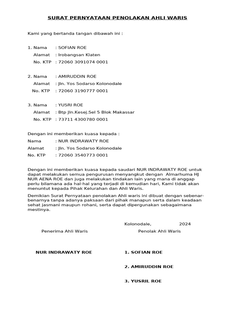 Surat Pernyataan Penolakan Ahli Waris | PDF
