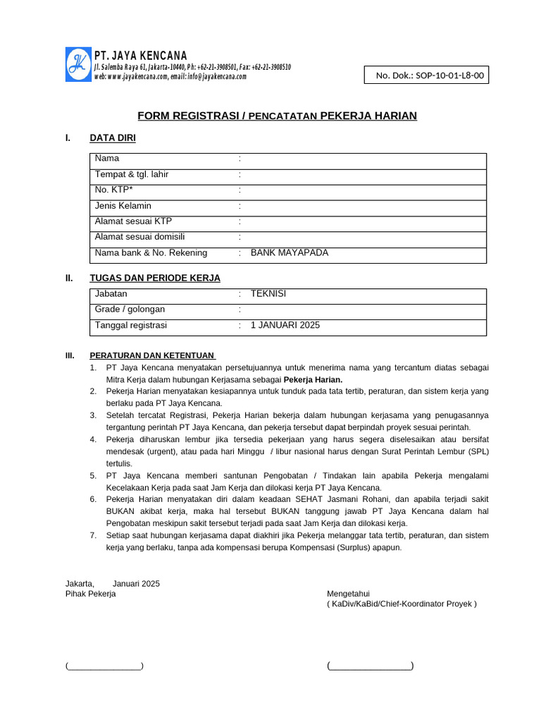 SOP-10-01-L8-00 - Form Registrasi atau pencatatan pekerja harian LE ME ...