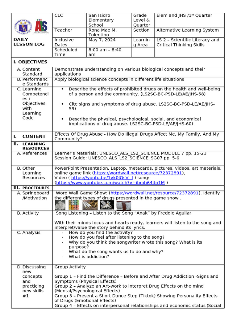 Portrait ALS COT Effects of Dangerous Drugs. | PDF | Substance Abuse | Mental Disorder