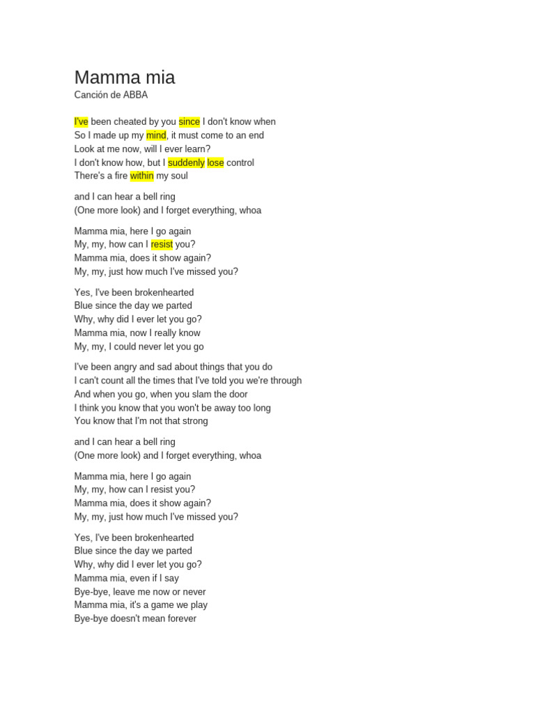 ABBA's Mamma Mia Lyrics | PDF