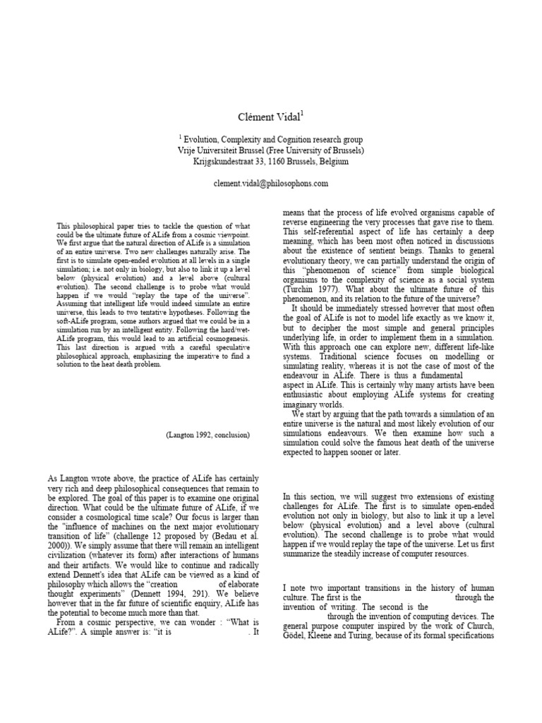 The Ultimate Future of Artificial Life Towards Artificial Cosmogenesis ...