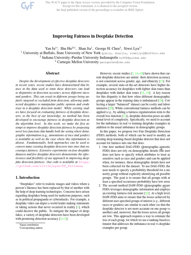 Ju Improving Fairness in Deepfake Detection WACV 2024 Paper | PDF | Applied Mathematics