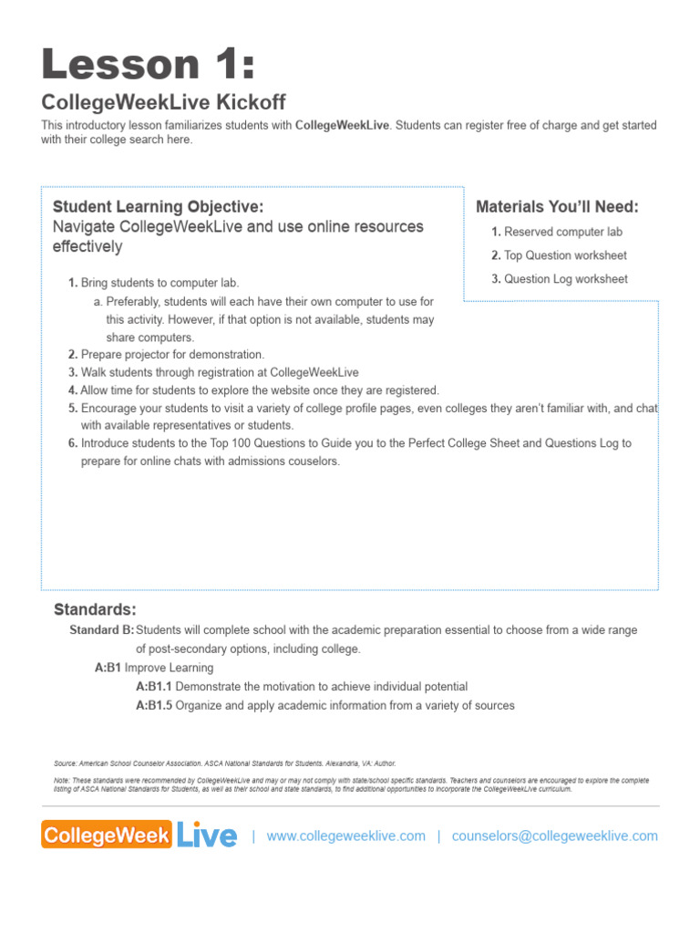 Lesson1 CollegeWeekLiveKickoff | PDF | School Counselor | Behavior ...