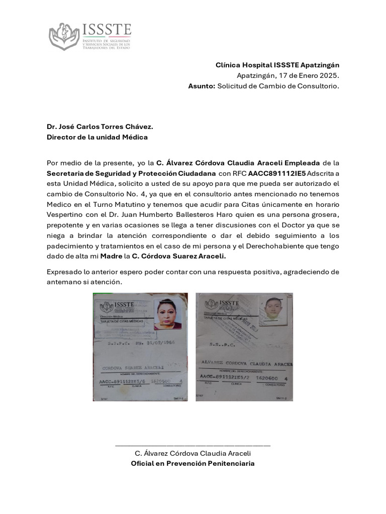 Solicitud Cambio Consultorio ISSSTE | PDF