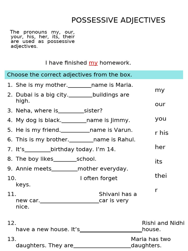 Possessive Adjectives Worksheet for Kids | PDF