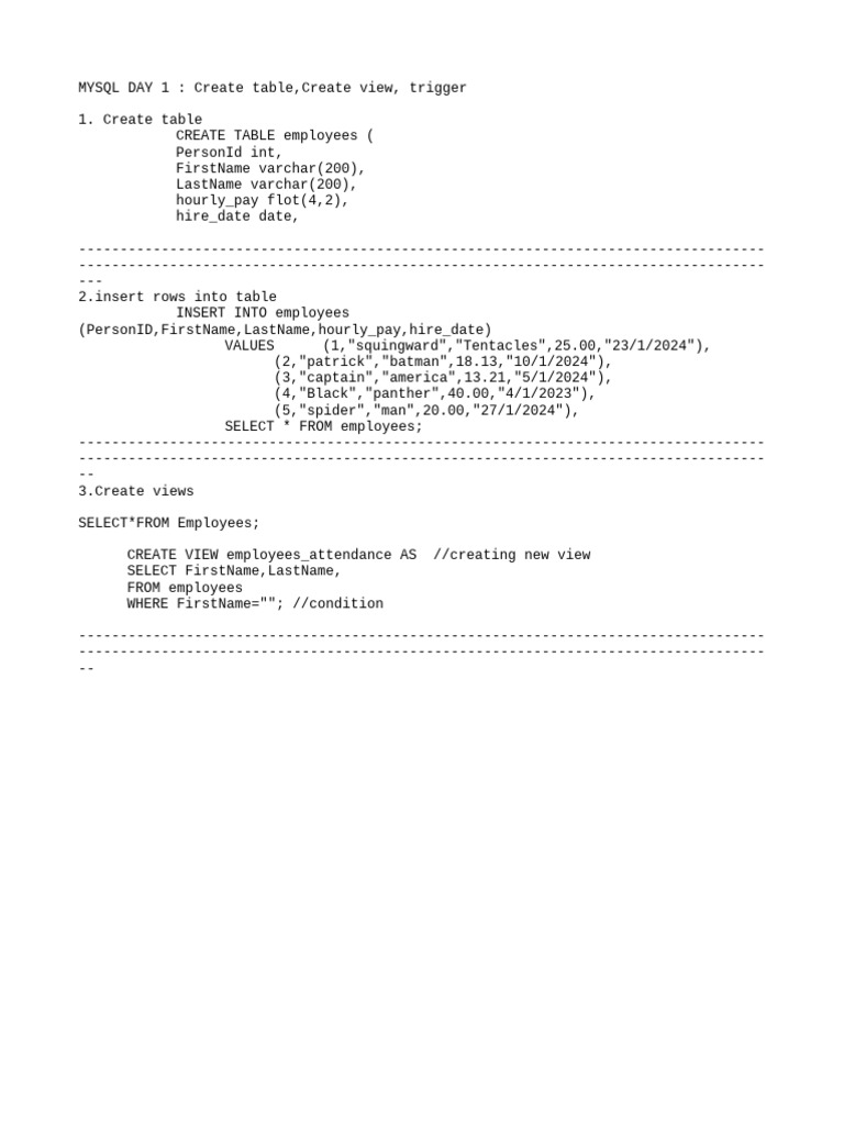 MYSQL DAY 1 Create Table, Create VI | PDF