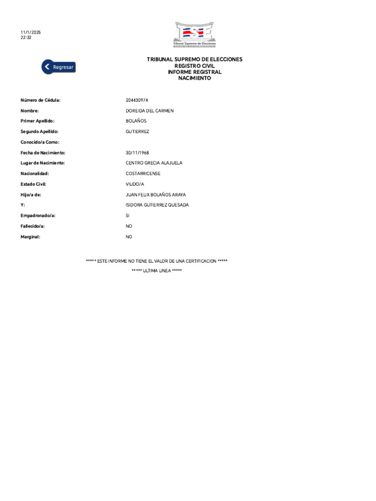 Servicioselectorales - Tse.go - CR CHC Detalle Nacimiento Imp - Aspx | PDF