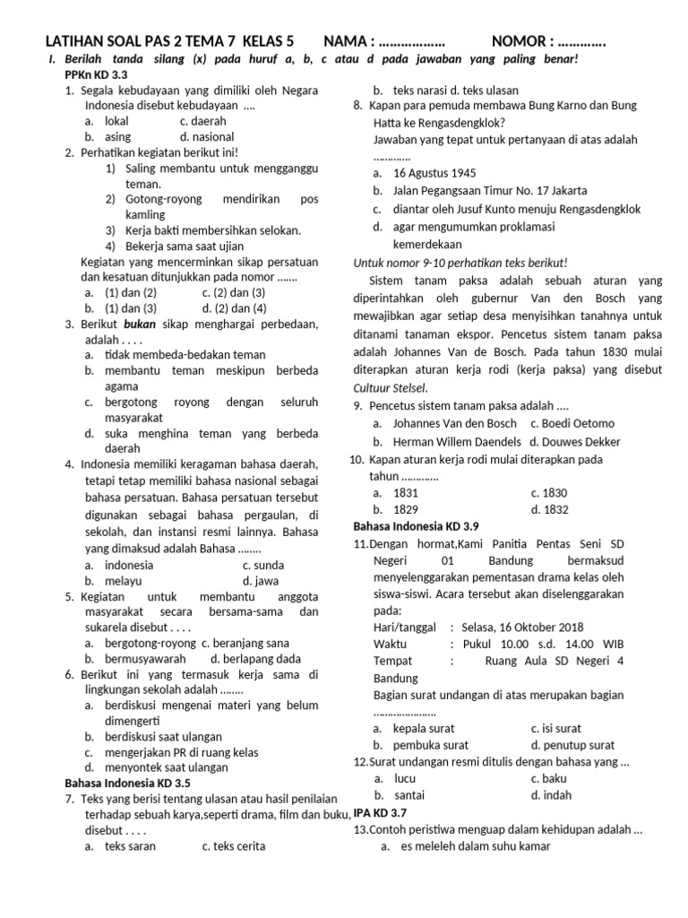 Latihan Soal Pas 2 KLS 5 Tema 7 | PDF