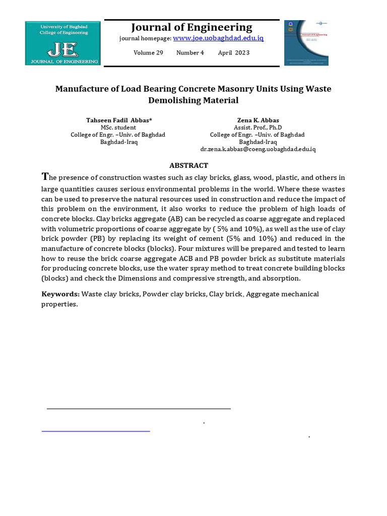 Manufacture of Load Bearing Concrete Masonry Units Using Waste | PDF ...