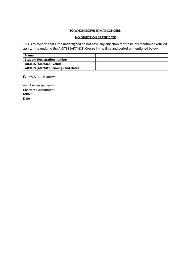 No Objection Certificate for AICITSS Course | PDF