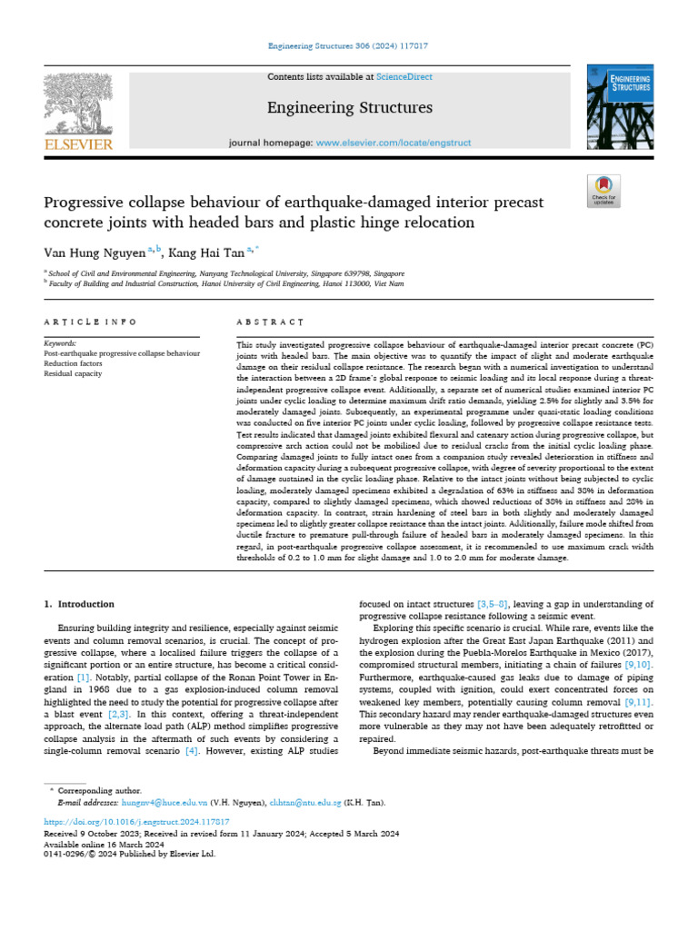 Progressive Collapse Behaviour of Earthquake-Damaged Interior Precast Concrete Joints With ...