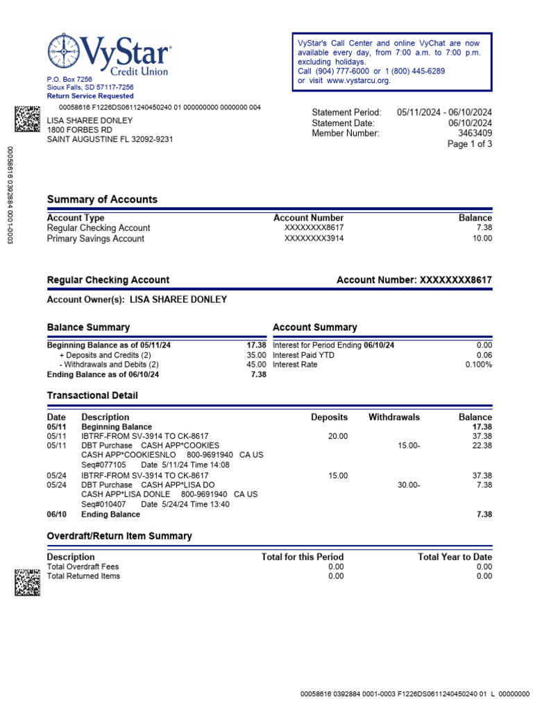 Lisa Donley's Bank Statement | PDF | Credit Card | Overdraft
