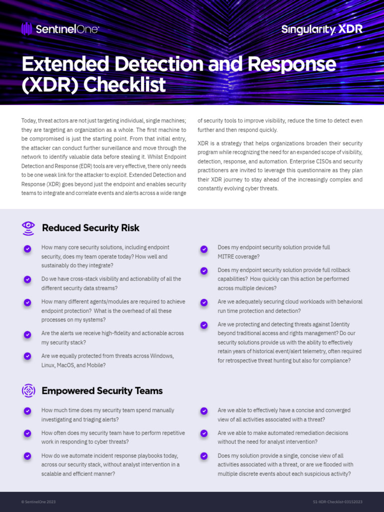 XDR Checklist - Extended Detection and Response SentinelOne 2023 | PDF | Computer Security ...