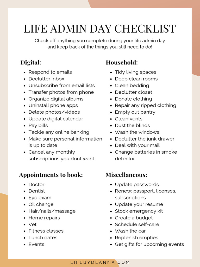 Life Admin Day Checklist | PDF