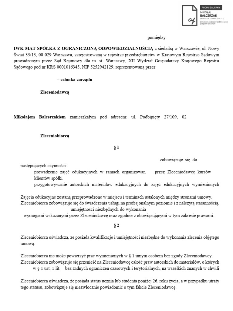 Umowa Zlecenie IWK MAT Miko%C5%82aj Balcerzak %281%29 | PDF