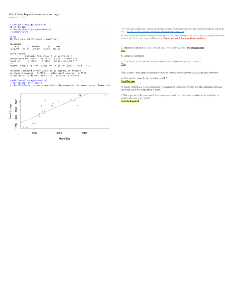 Quiz Linear Regression - Electric Power Usage | PDF