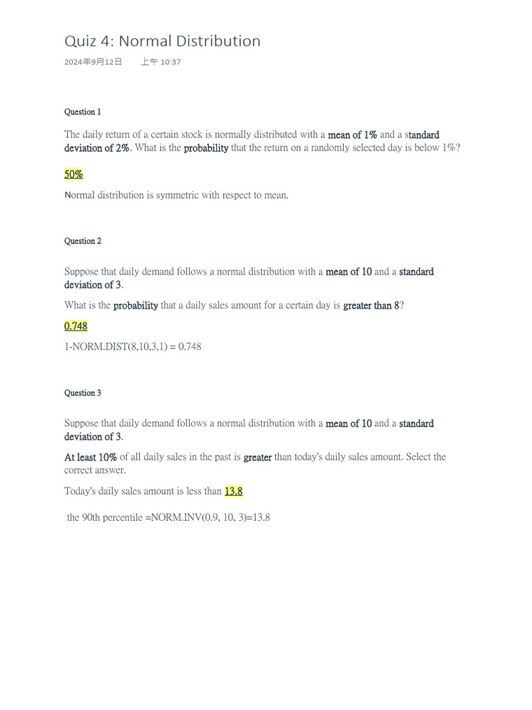 Quiz 4 Normal Distribution | PDF