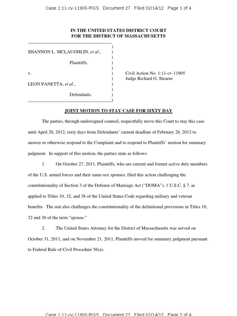 Joint Motion to Stay Case for 60 Days | PDF | Defense Of Marriage Act ...