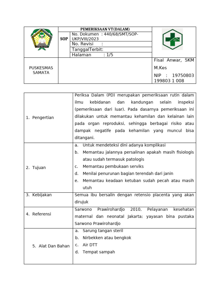 SOP PEMERIKSAAN VT Edit | PDF