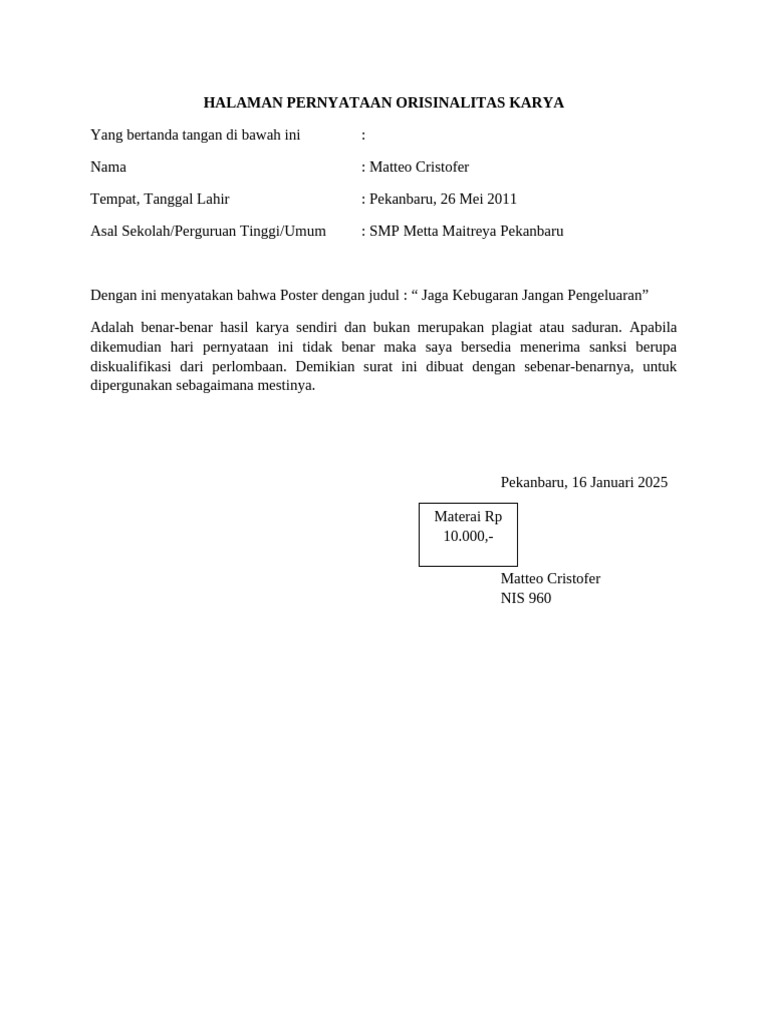 Surat Pernyataan Orisinalitas Karya PRB 2023-1 | PDF