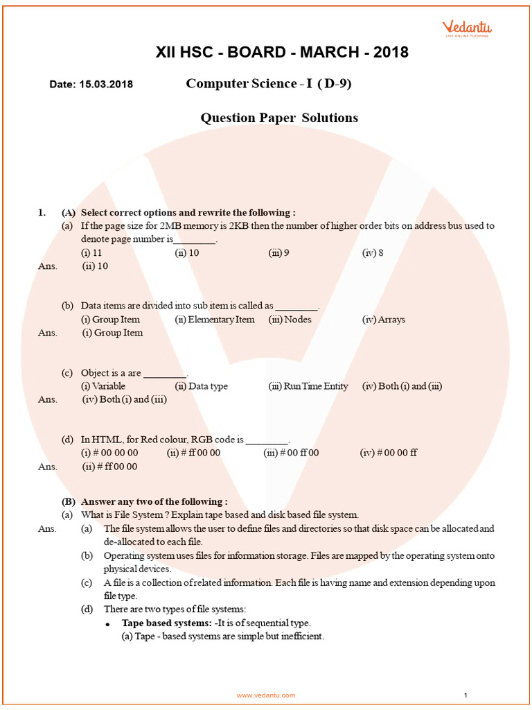 Question Paper For Maharashtra (MSBSHSE) HSC Board Class 12 Computer ...