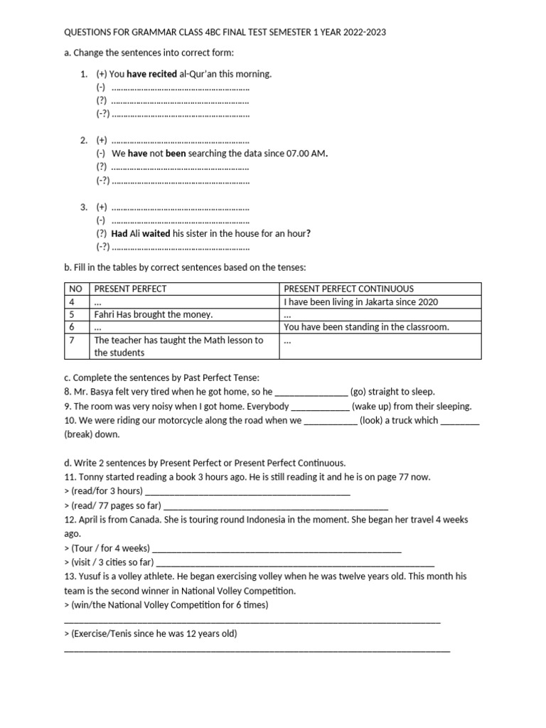 Grammar Class 4BC Final Test Sem1 Year 2022 | PDF