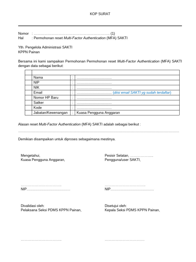 Form Reset MFA SAKTI | PDF