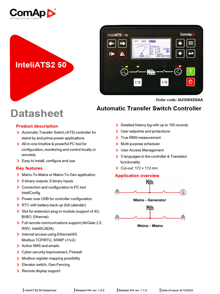 InteliATS2 50 ATS Controller Datasheet | PDF | Power Supply ...