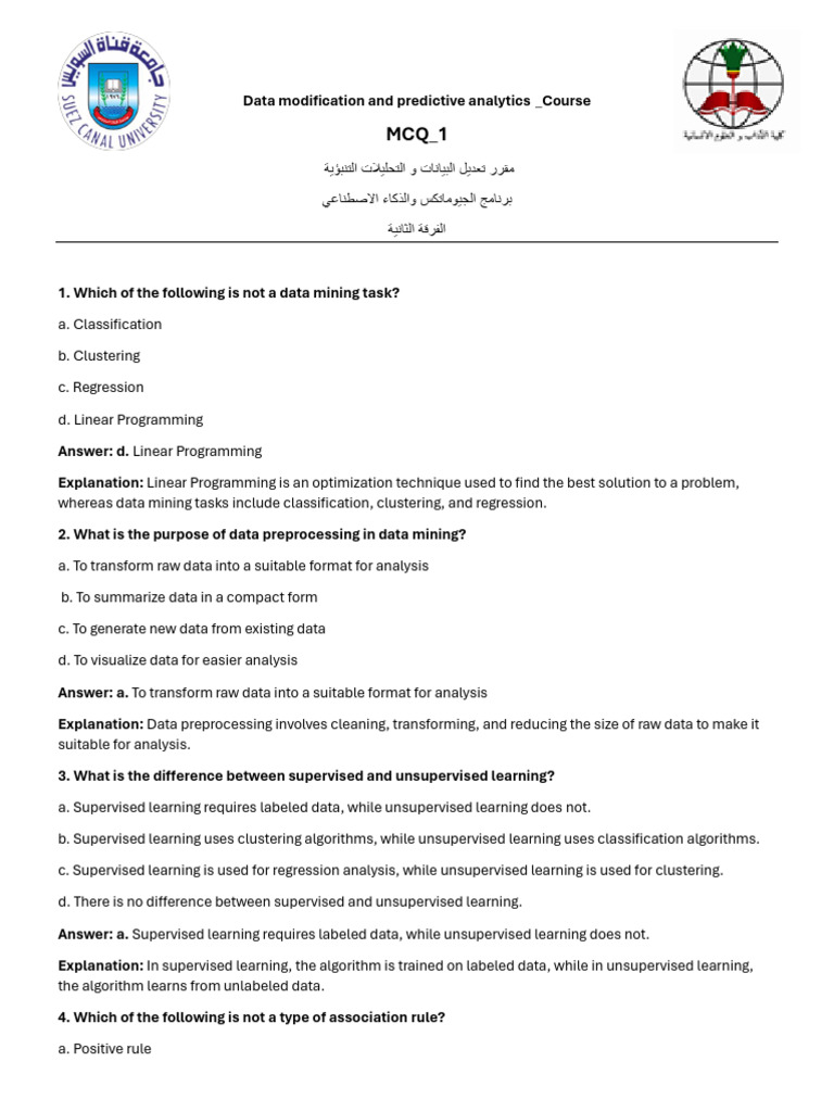 Data Modification and Predictive Analytics - MCQ - 1 - 2 | PDF | Machine Learning | Cluster Analysis