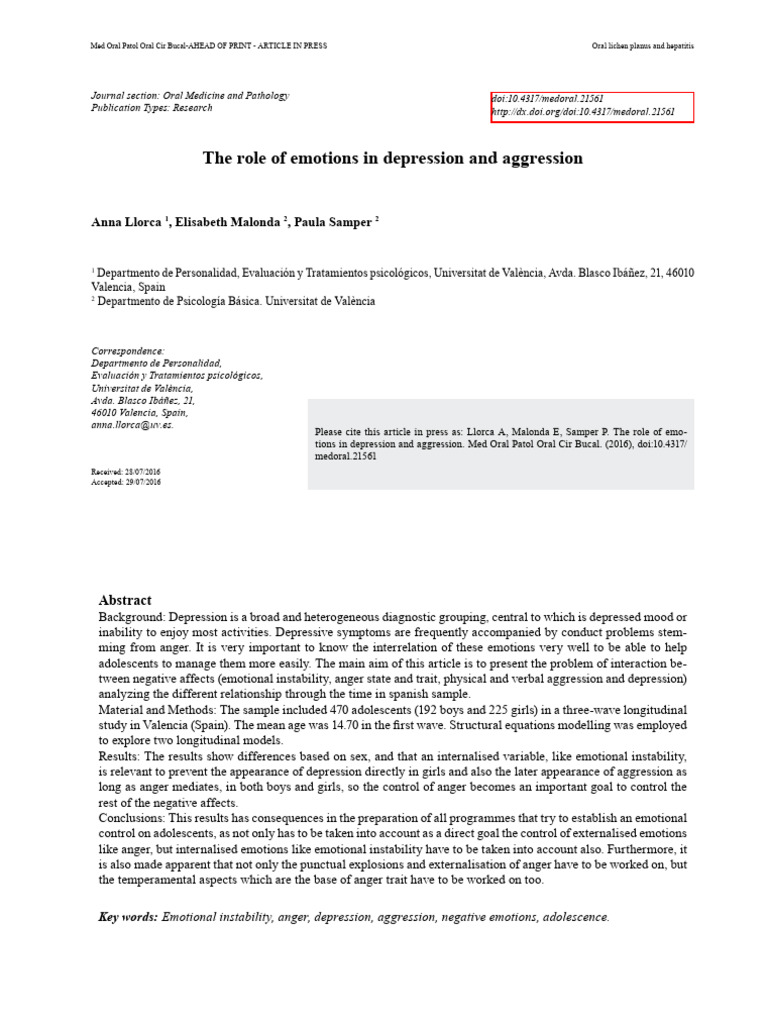 Emotions in Adolescent Depression Study | PDF | Adolescence | Aggression