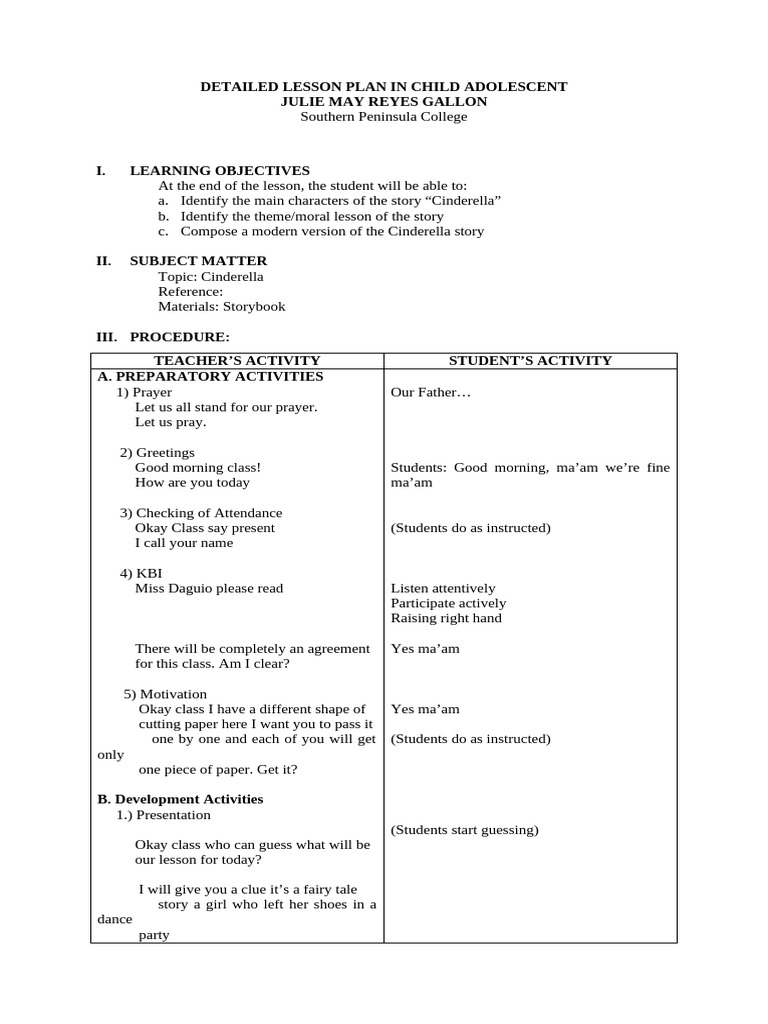 Detailed Lesson Plan in Child Adolescent | PDF | Cinderella