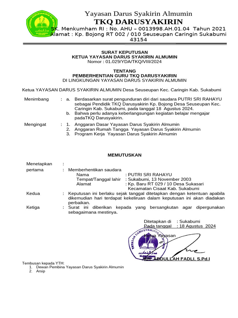 SK PEMBERHENTIAN Bu Putri | PDF