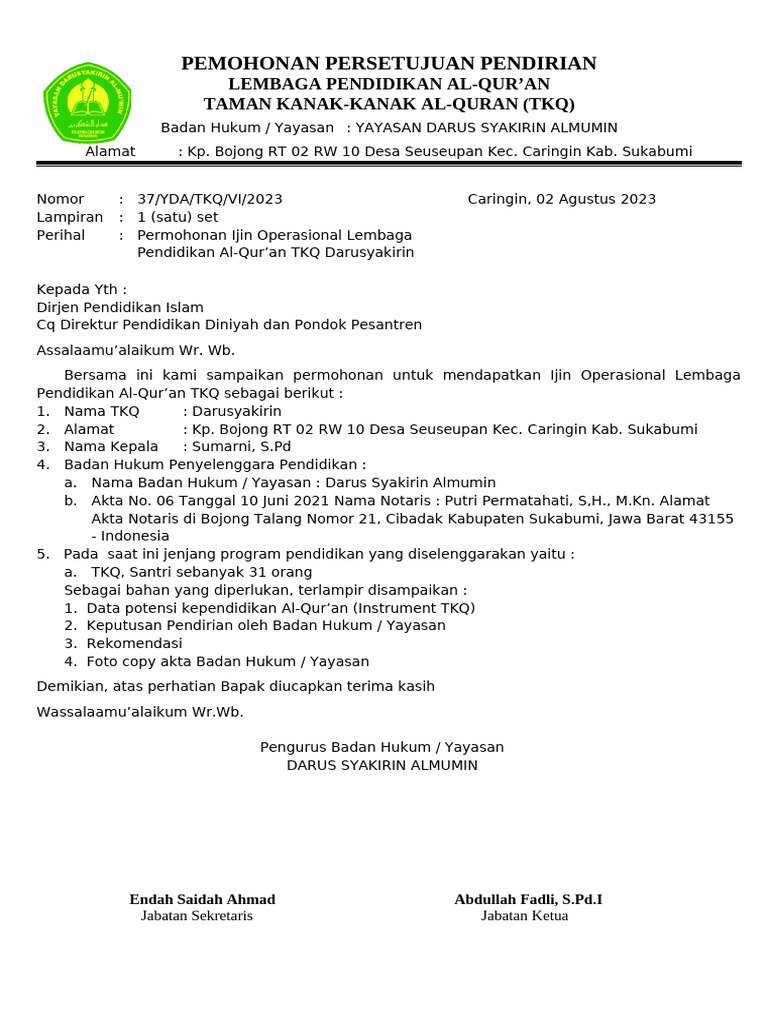 Permohonan Izin TKQ Darusyakirin Sukabumi | PDF