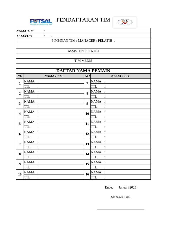 Formulir Pendaftaran Tim Futsal | PDF