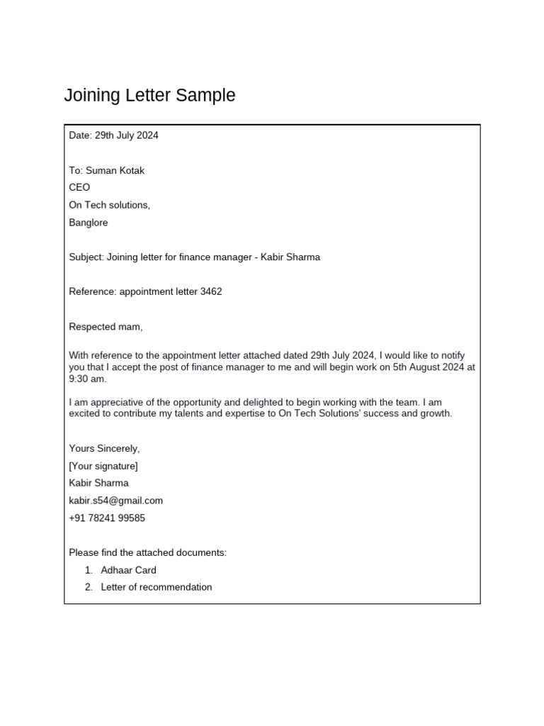 Joining Letter Sample 1 | PDF
