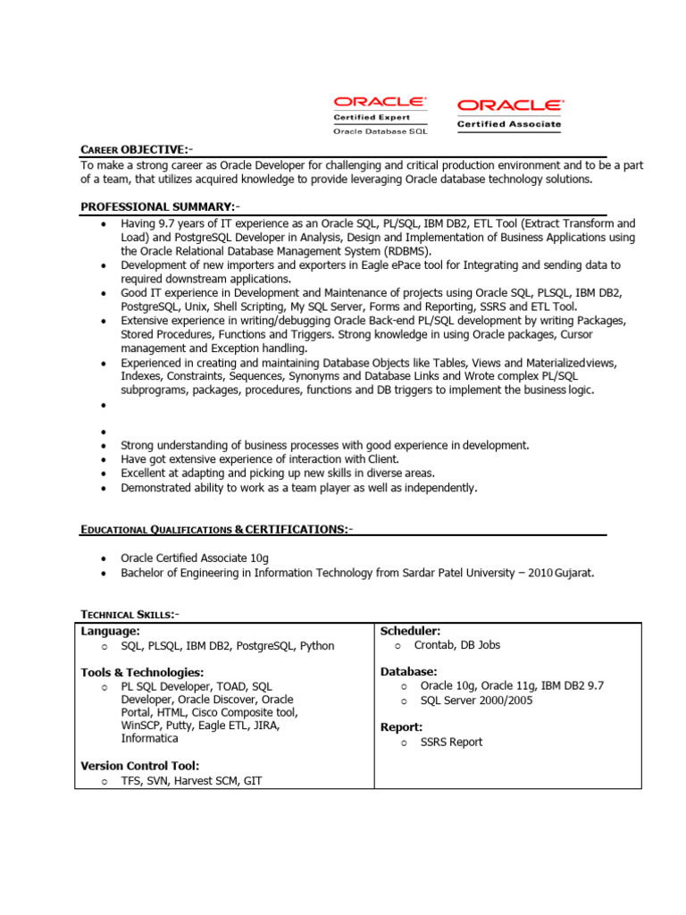 Pranav Mali Resume | PDF | Pl/Sql | Relational Database