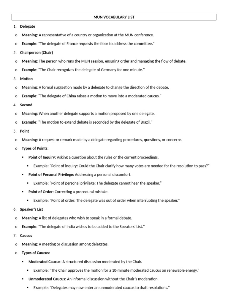 MUN - Vocabulary and Process | PDF | Meetings | Government
