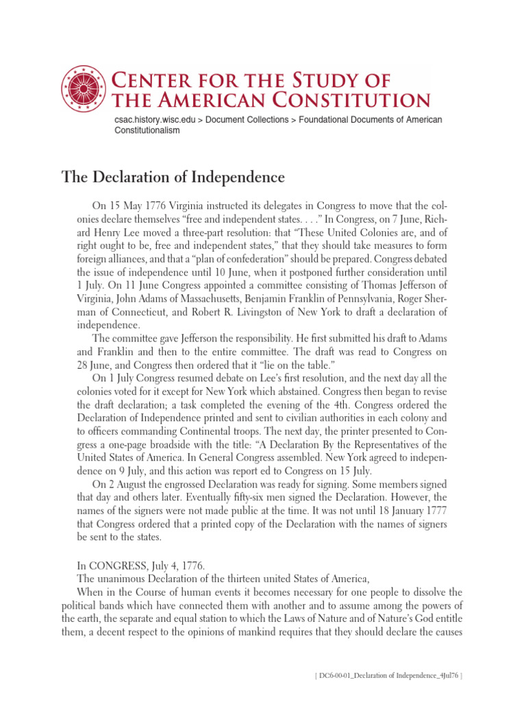 DC6!00!01 Declaration of Independence 4jul76 | PDF | United States ...