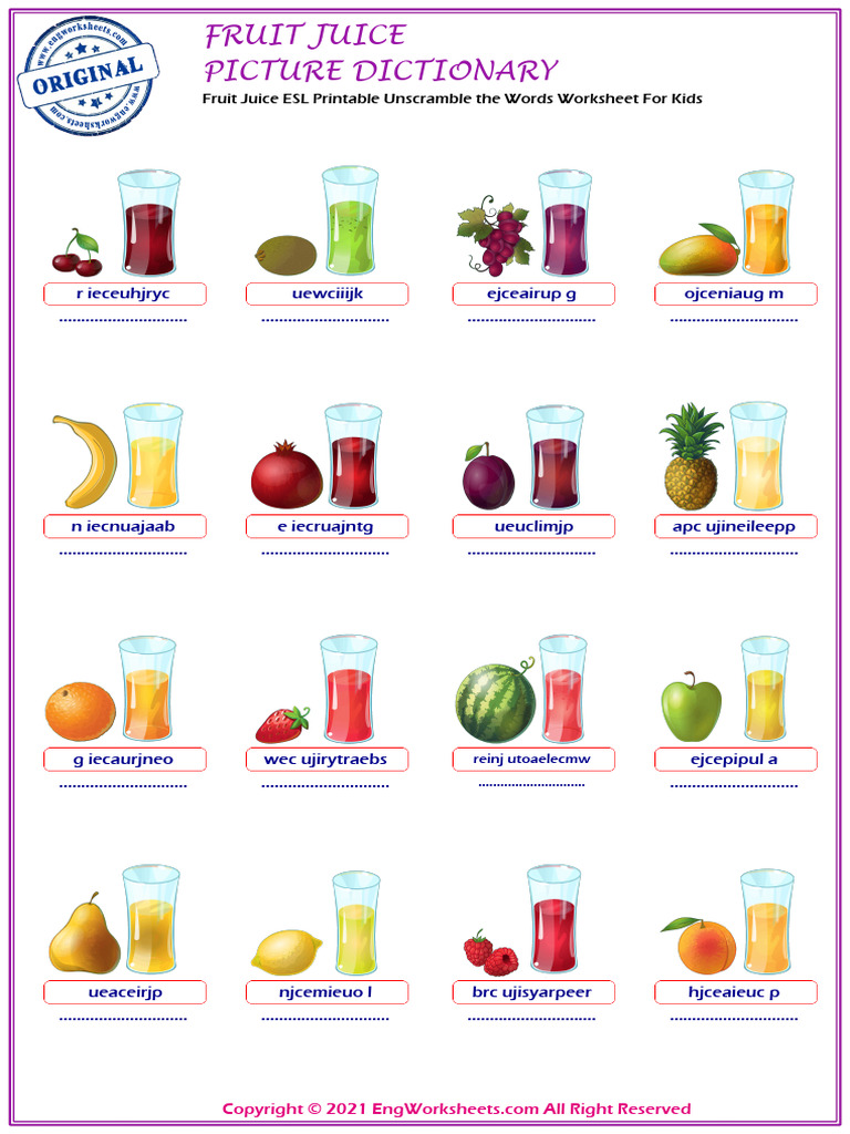 Fruit Juice Esl Printable Unscramble The Words Worksheet For Kids 1038 ...