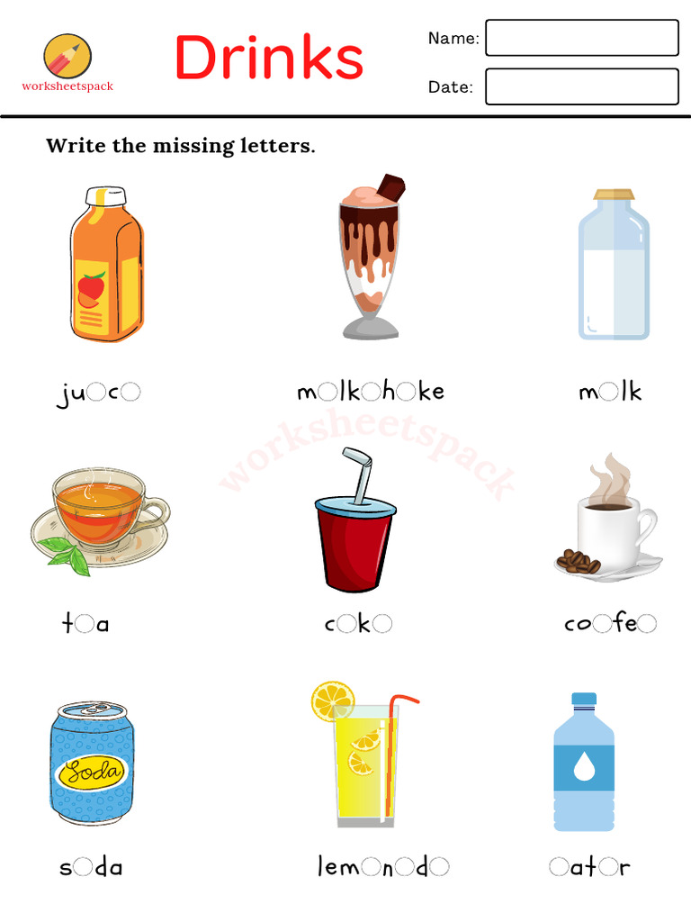 Drinks Worksheet Write The Missing Letters Free PDF | PDF